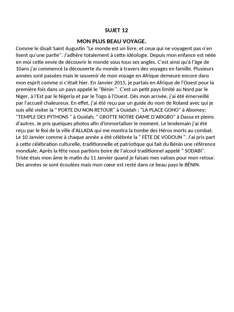 SUJET 12- MON PLUS BEAU VOYAGE | PDF