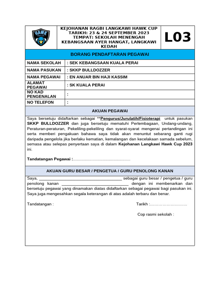 BORANG L03.doc - Upload | PDF | Sports & Recreation