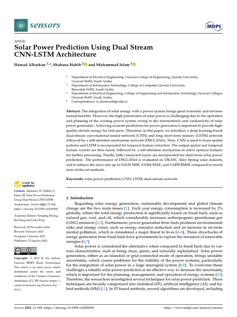 Solar Power Prediction Using Dual Stream CNN-LSTM | PDF