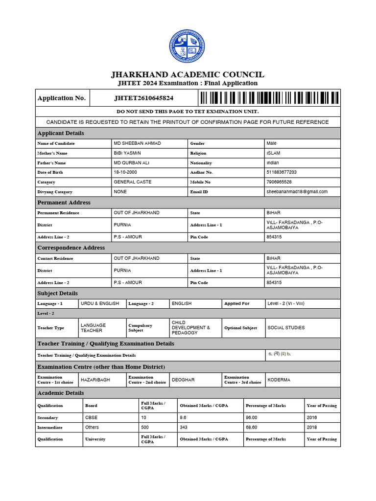 Jtet Application Form | PDF