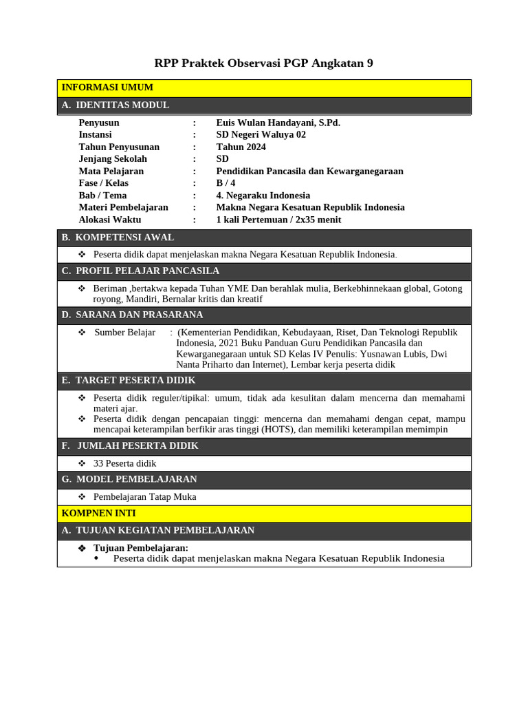 RPP Praktek Observasi PGP, Pend Pancasila BAB 4 NKRI. | PDF