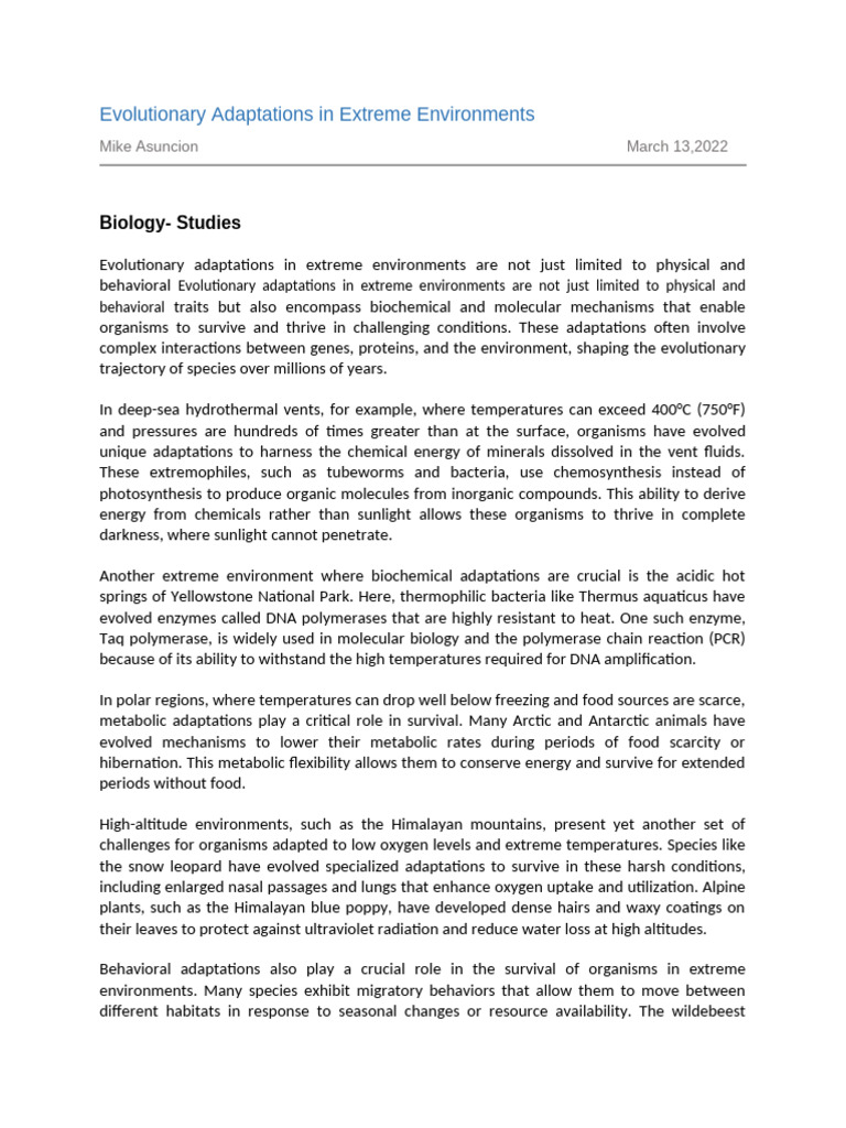Evolutionary Adaptations in Extreme Environments | PDF