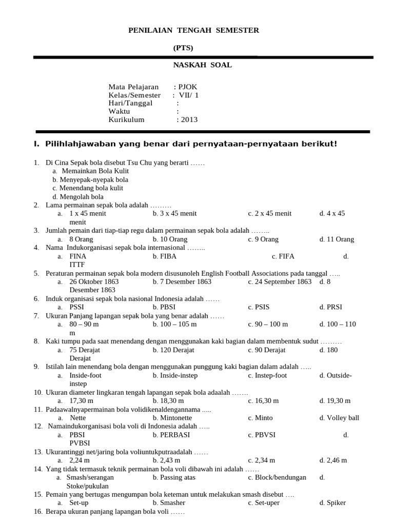 Soal PTS PJOK Kelas 7 Ganjil | PDF | Team Sports | Ball Games