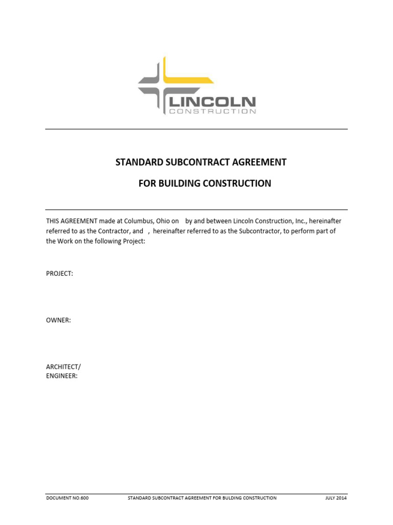 Standard Subcontract Agreement For Build | PDF