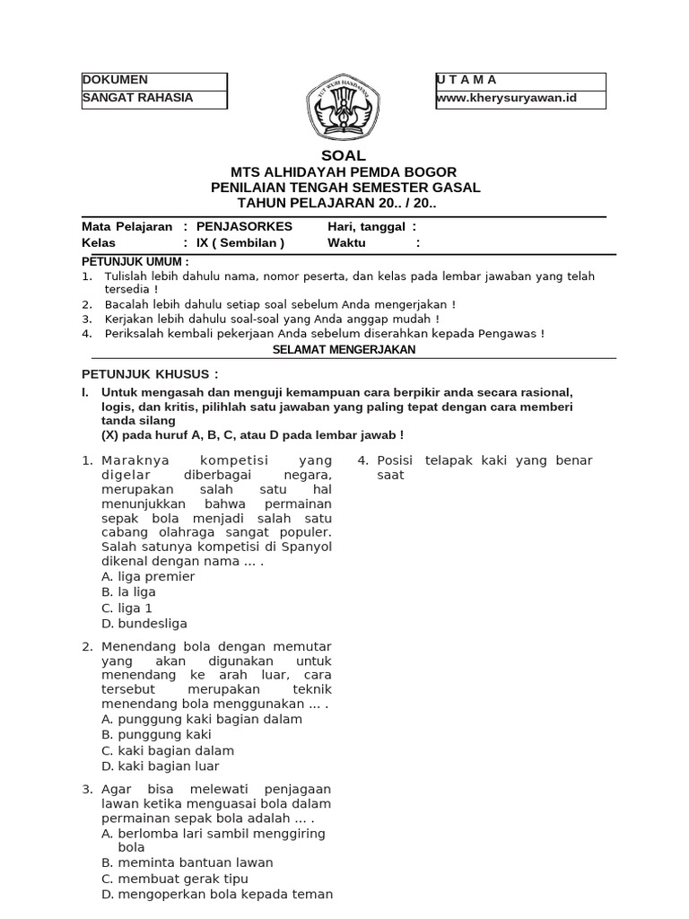 Soal PTS PJOK Kelas 9 Ganjil | PDF | Indonesia
