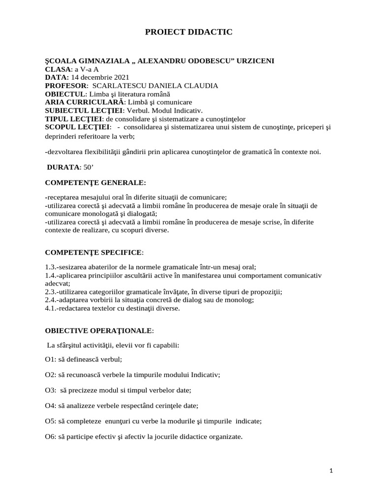 PROIECT DIDACTIC | PDF