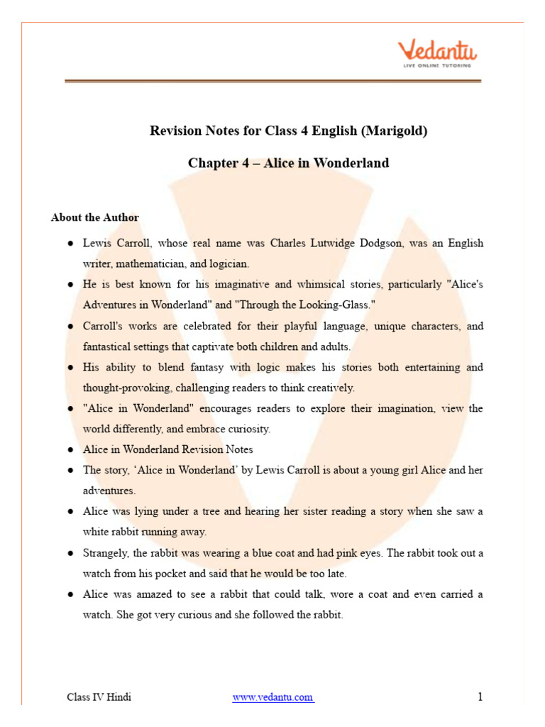 CBSE English (Marigold) Chapter 4 Alice in Wonderland Class 4 Notes PDF ...