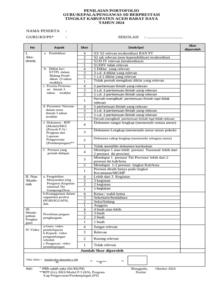 Penilaian PORTOFOLIO GTK Prestasi 2024 | PDF