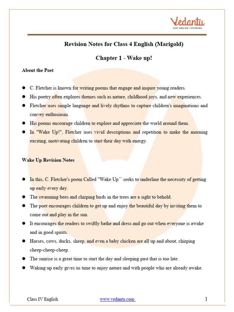 CBSE English (Marigold) Chapter 1 Wake Up Poem Class 4 Notes PDF | PDF