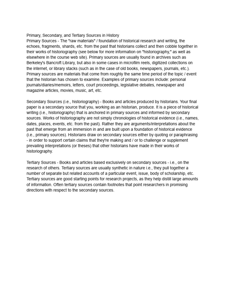 Primary, Secondary, And Tertiary Sources in History | PDF