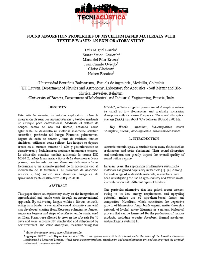 Abs - 200 Sound Absorption Properties of Mycelium Based Materials With Textile Waste An ...
