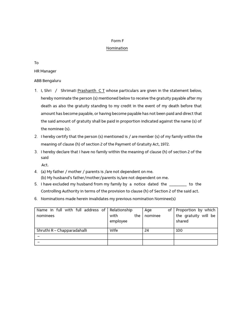 Prashanth-Gratuity Nomination Form | PDF