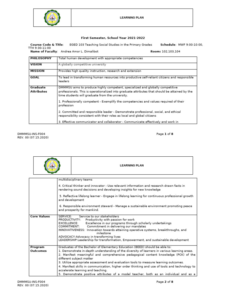 Edited Learning Plan Primary | PDF