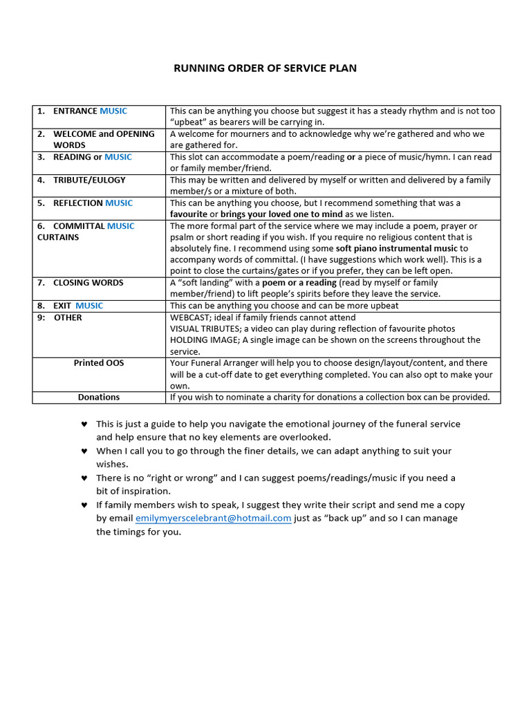 Running Order of Service Guide For A Crematorium | PDF | Funeral