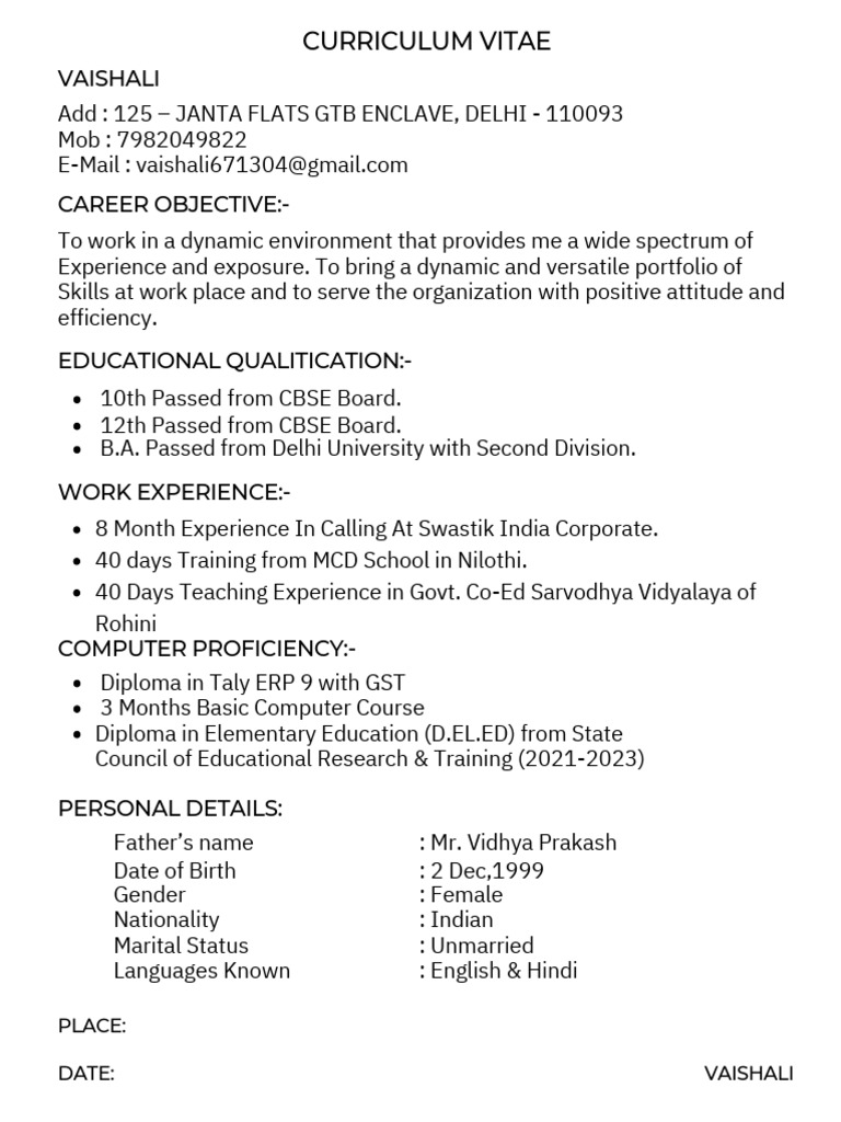 Curriculum Vitae: Career Objective | PDF