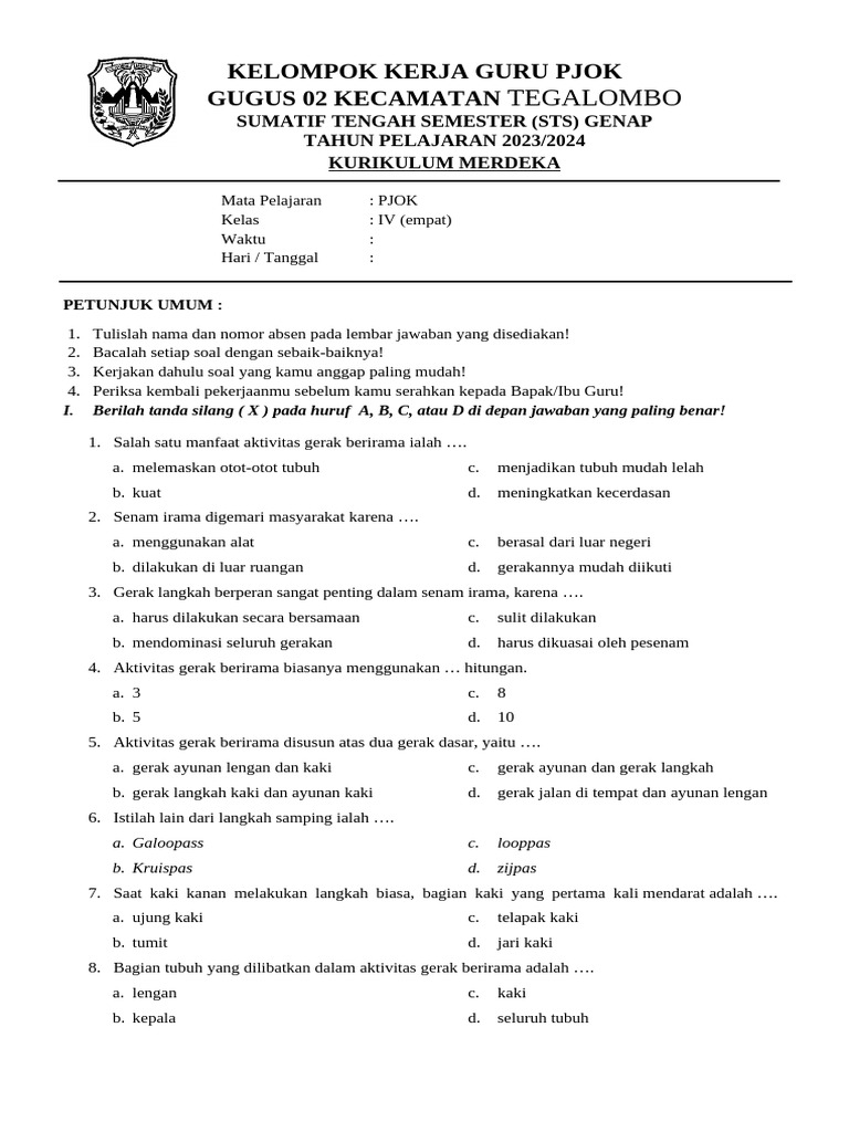 SOAL STS 2 PJOK KELAS 4 2024 KURIKULUM MERDEKA | PDF