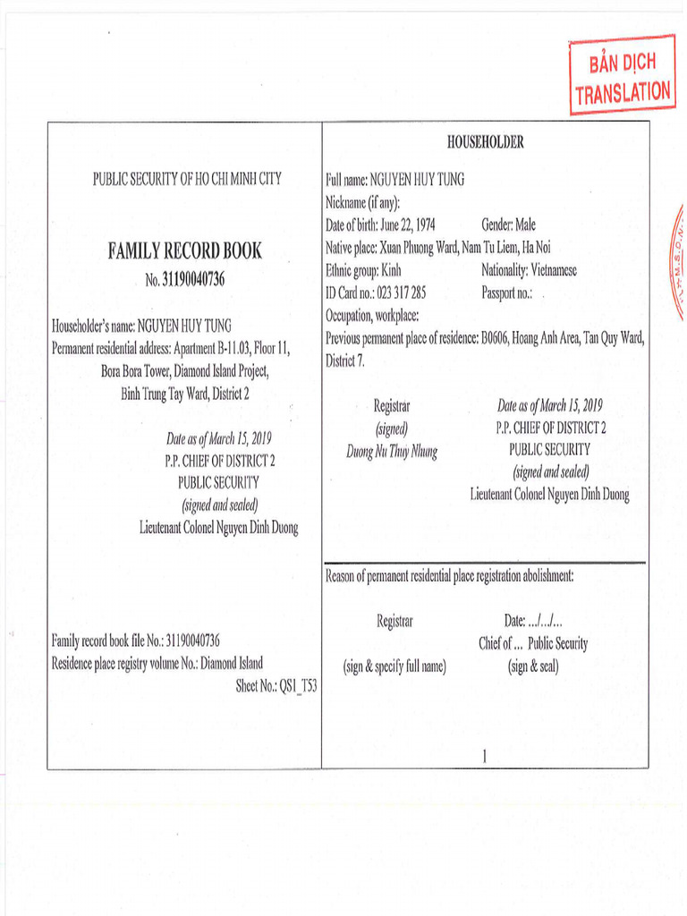 SỔ HỘ KHẨU NGUYEN HUY TUNG | PDF