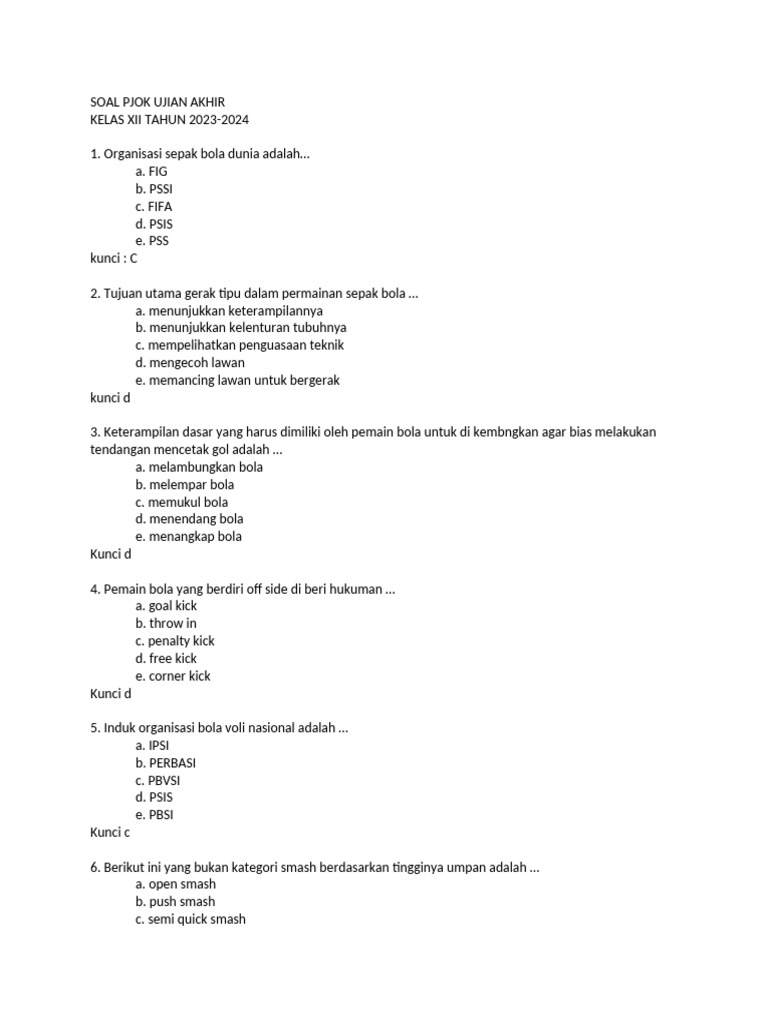 Soal Ujian Sekolah Pjok Sma Kelas Xii 2023-2024 Pilihan Ganda | PDF