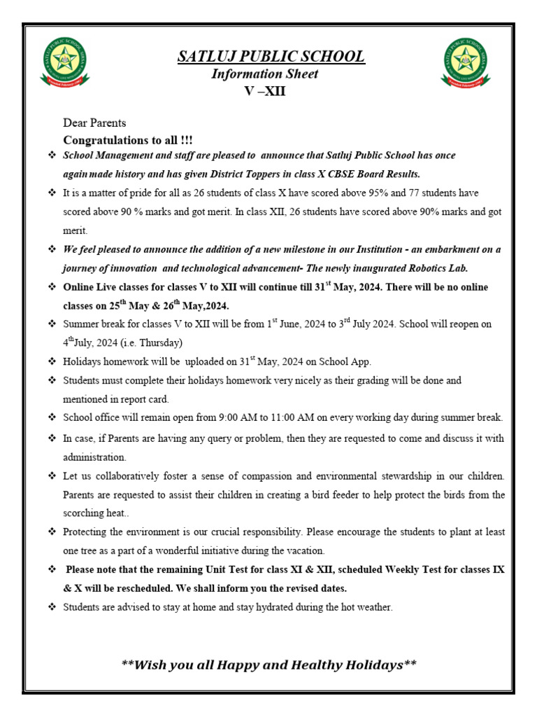 Information Sheet - Summer Break (Senior Wing) 2024 | PDF