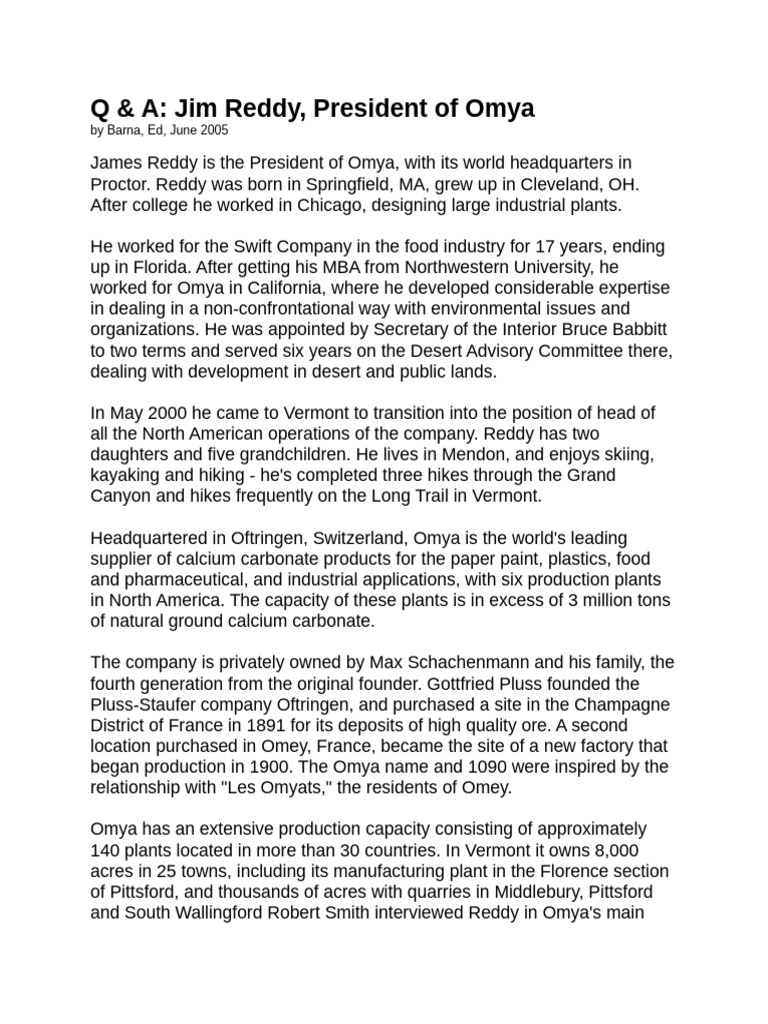 Questions&Answers Jim Reddy President of Omya | PDF | Marble | Limestone