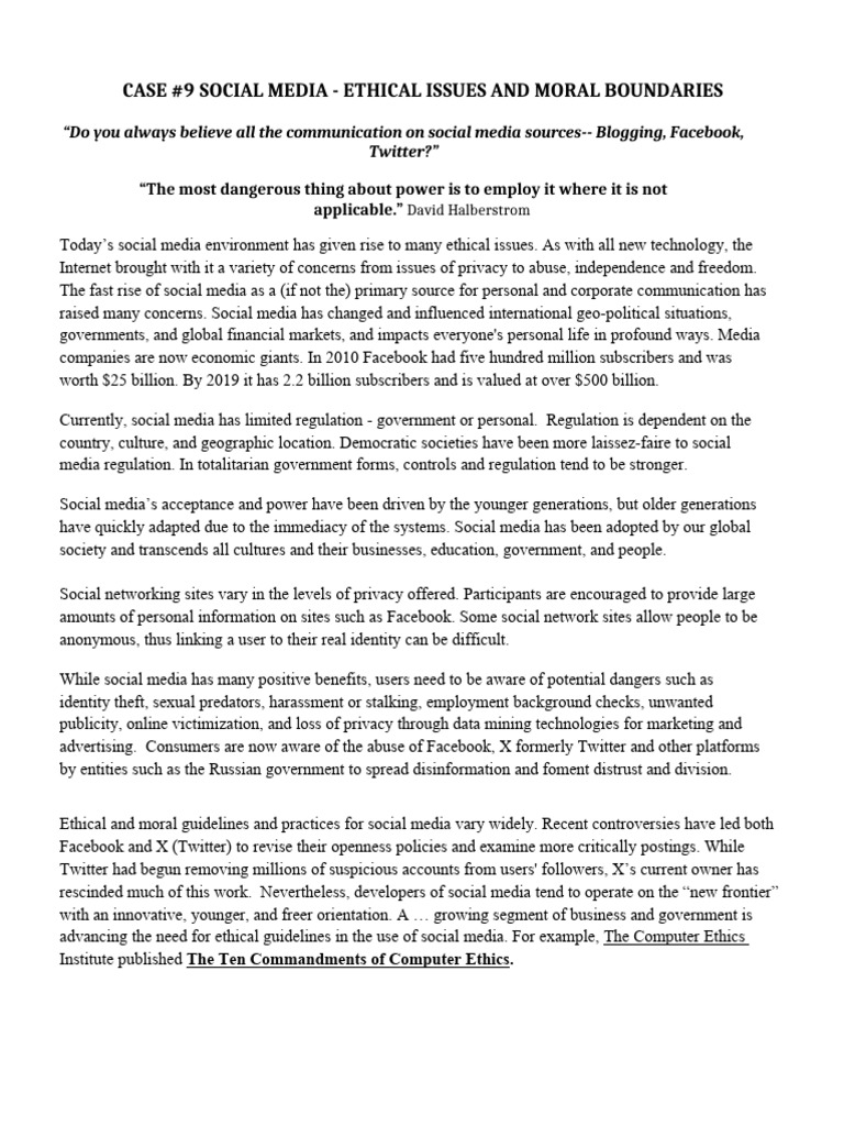 Case 9 Revised 9-15-2023 Social Media Ethical Issues and Moral ...