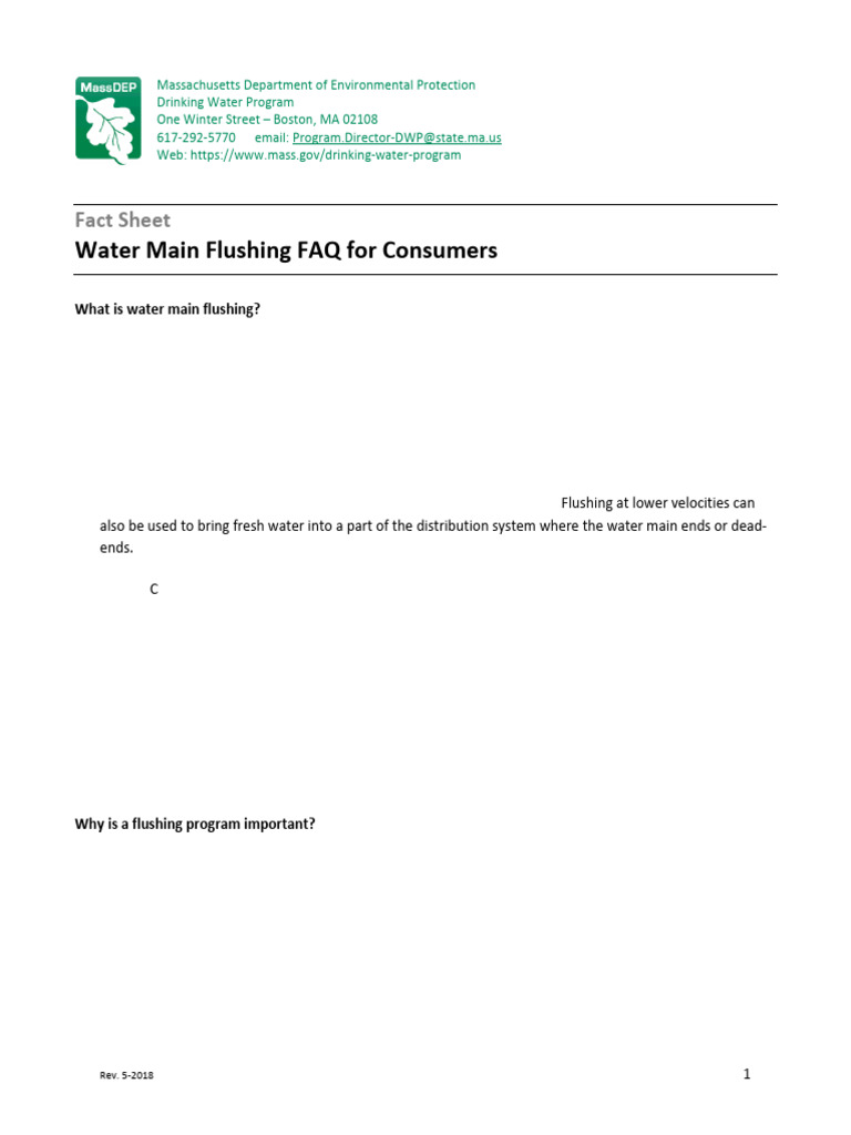 Water Main Flushing - Fact Sheet - FAQ For Consumers | PDF