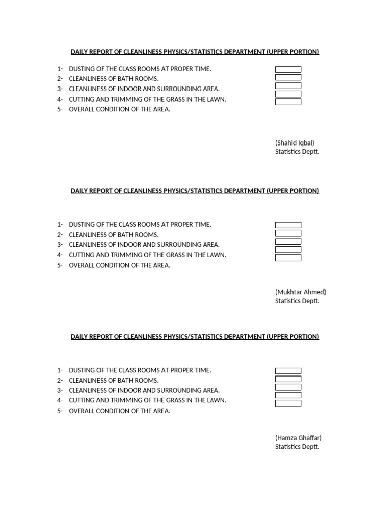 Daily Report of Cleanliness | PDF