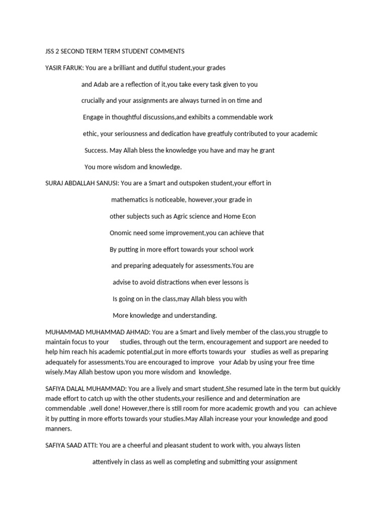 Jss 2 Second Term Students Comments | PDF