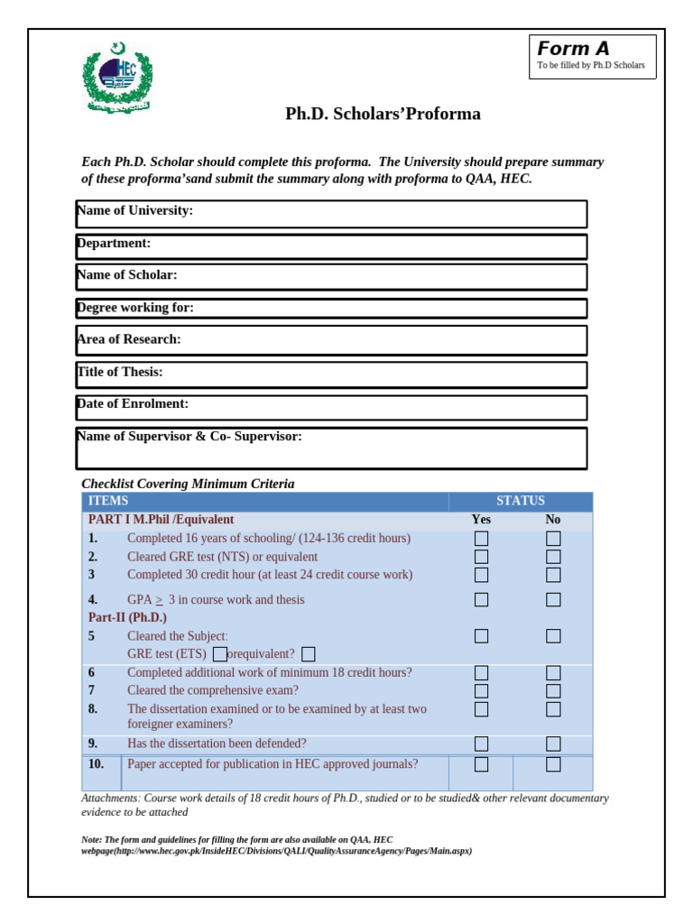 Form A - Ph.D. Scholars'Proforma | PDF | Technology & Engineering