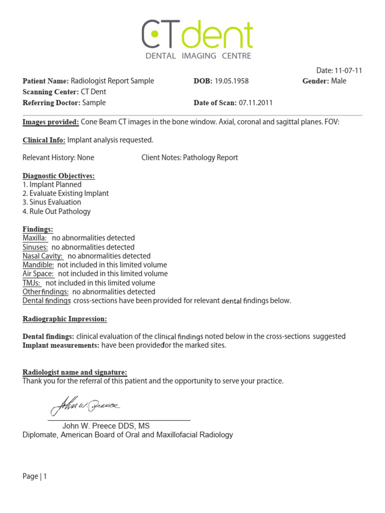 Radiology Report Sample-CTDENT0126151144 | PDF