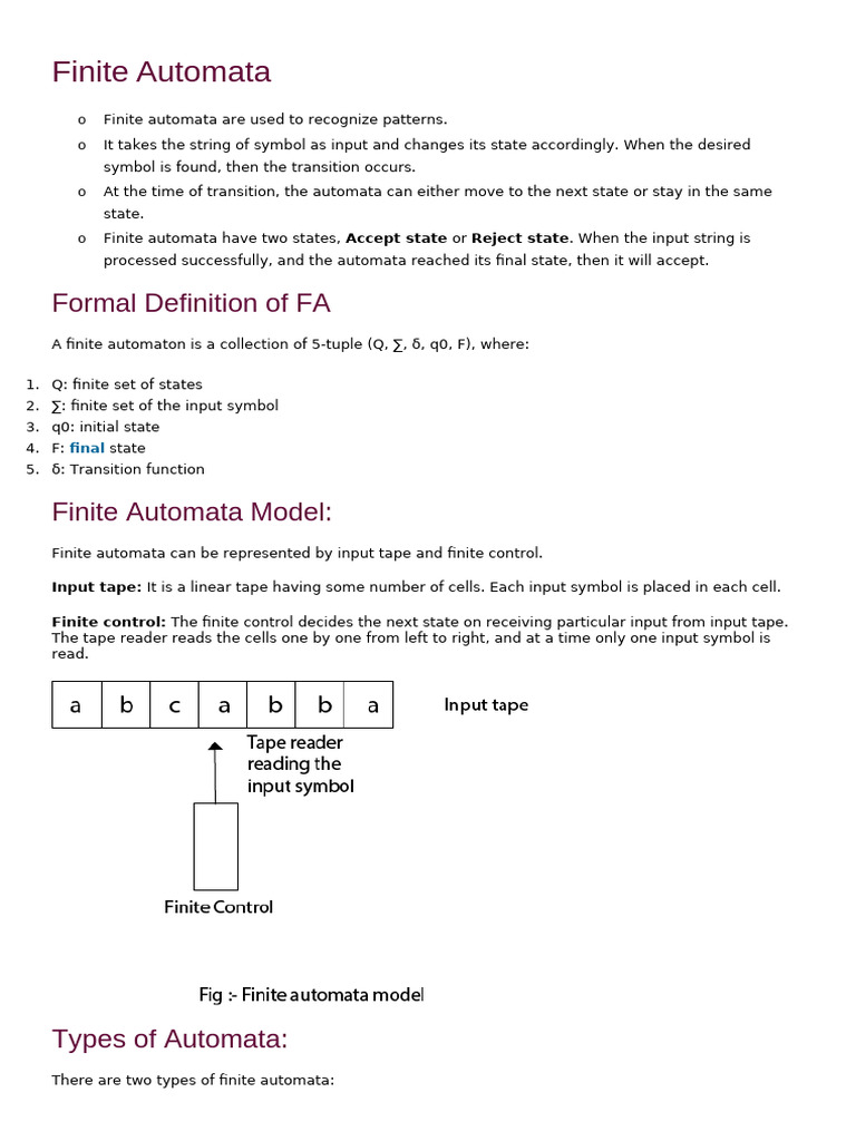 Finite Automata: Formal Definition of FA | PDF