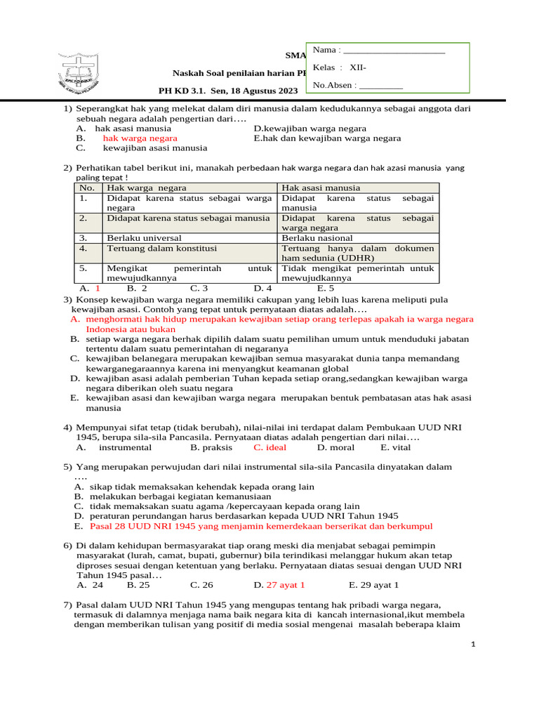 SOAL PH BAB 1, 18-8-2023 Kls XII T.A 2023-2024 | PDF