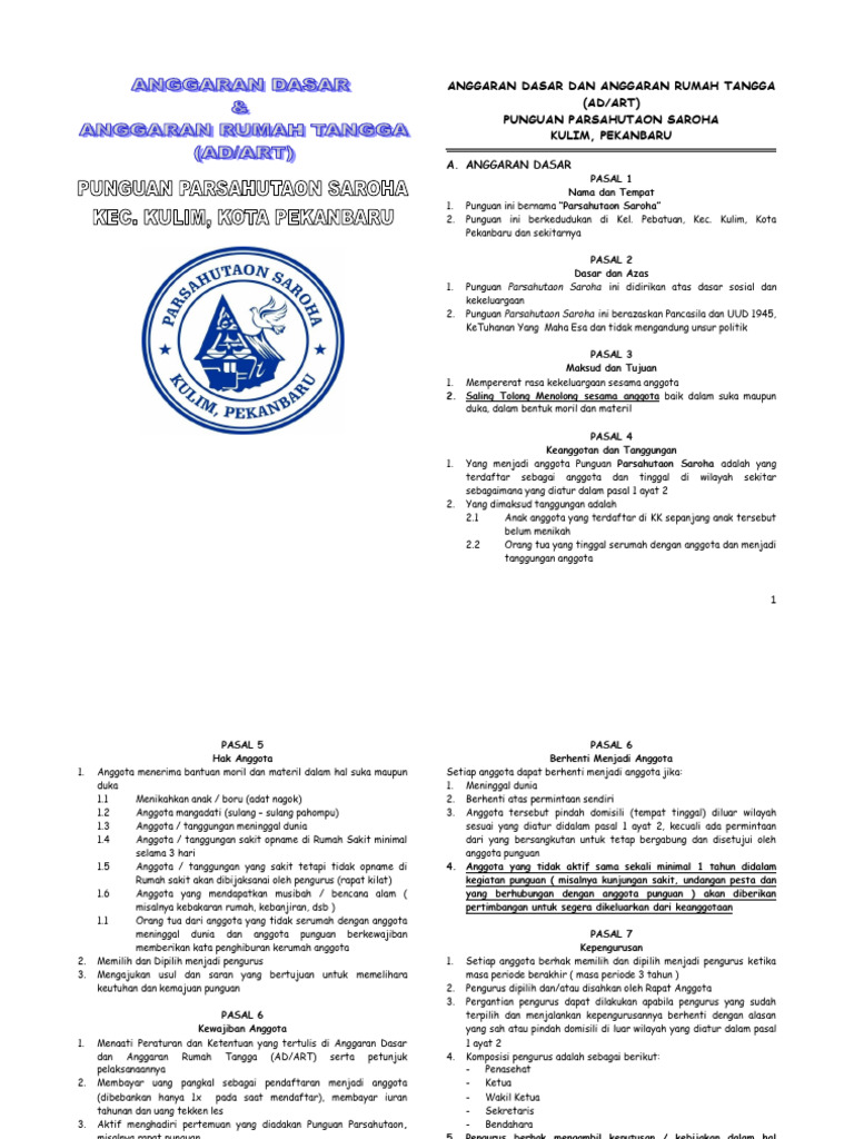 Anggaran Dasar Parsahutaon Saroha | PDF
