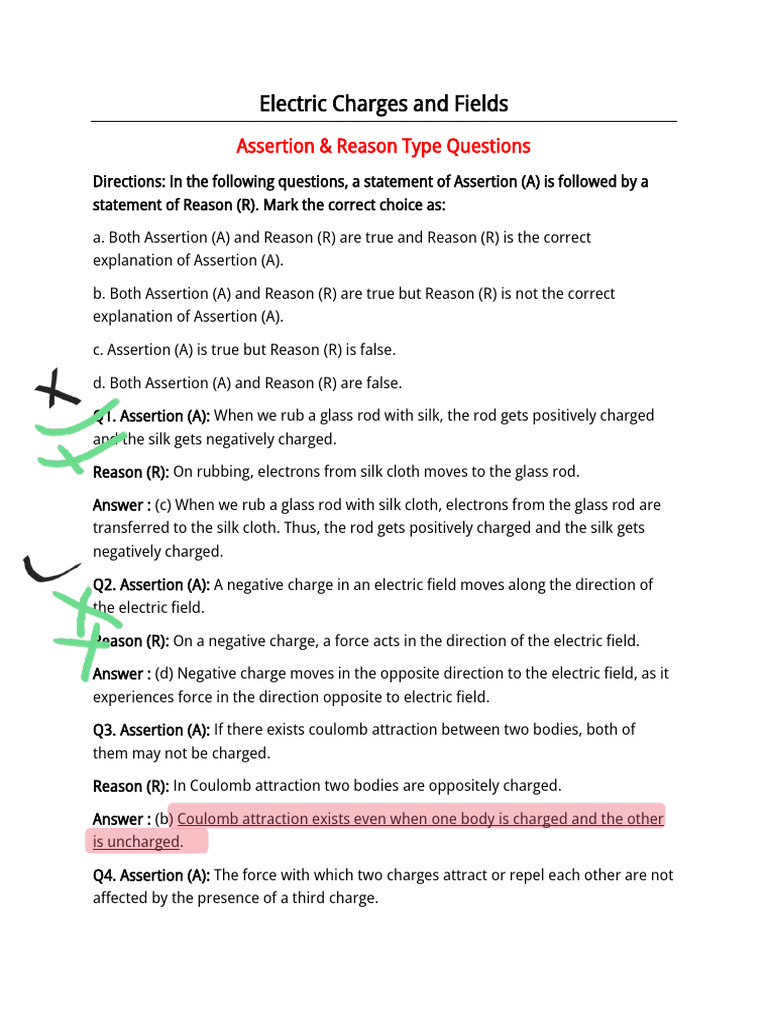 Electric Charges and Fields: Assertion & Reason Type Questions | PDF