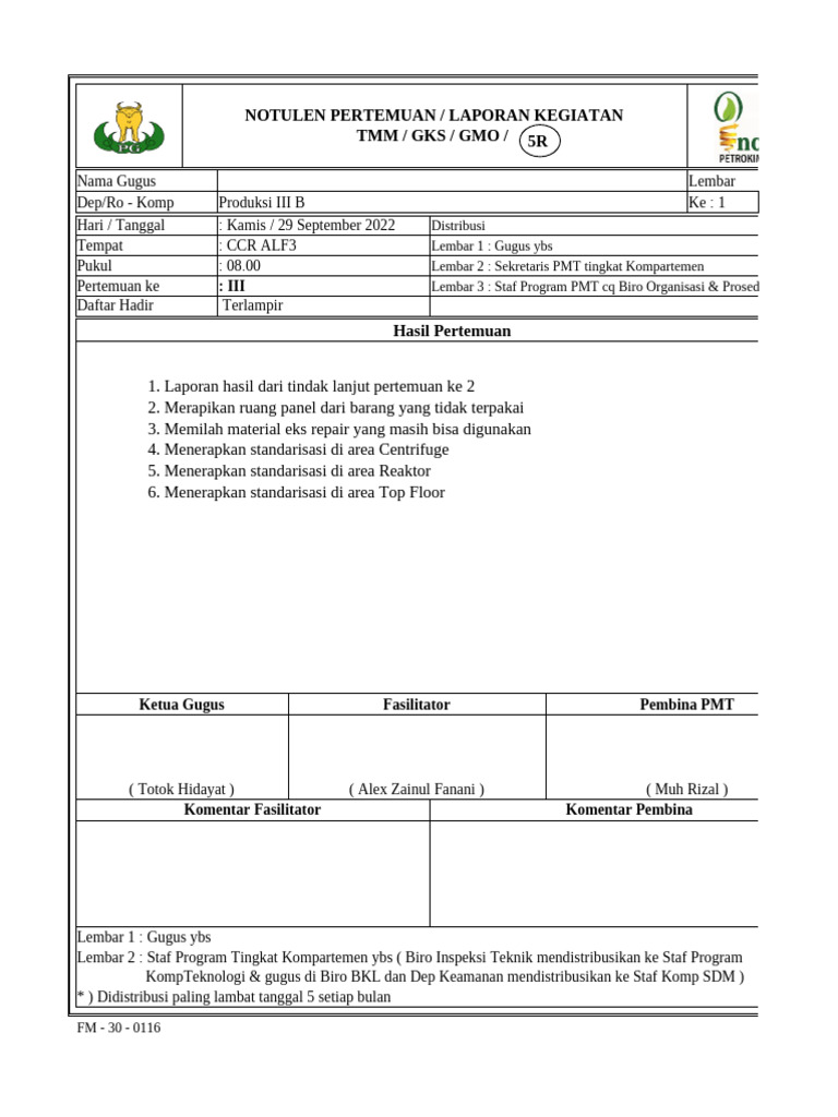 Notulen Pertemuan / Laporan Kegiatan TMM / Gks / Gmo / 5R | PDF