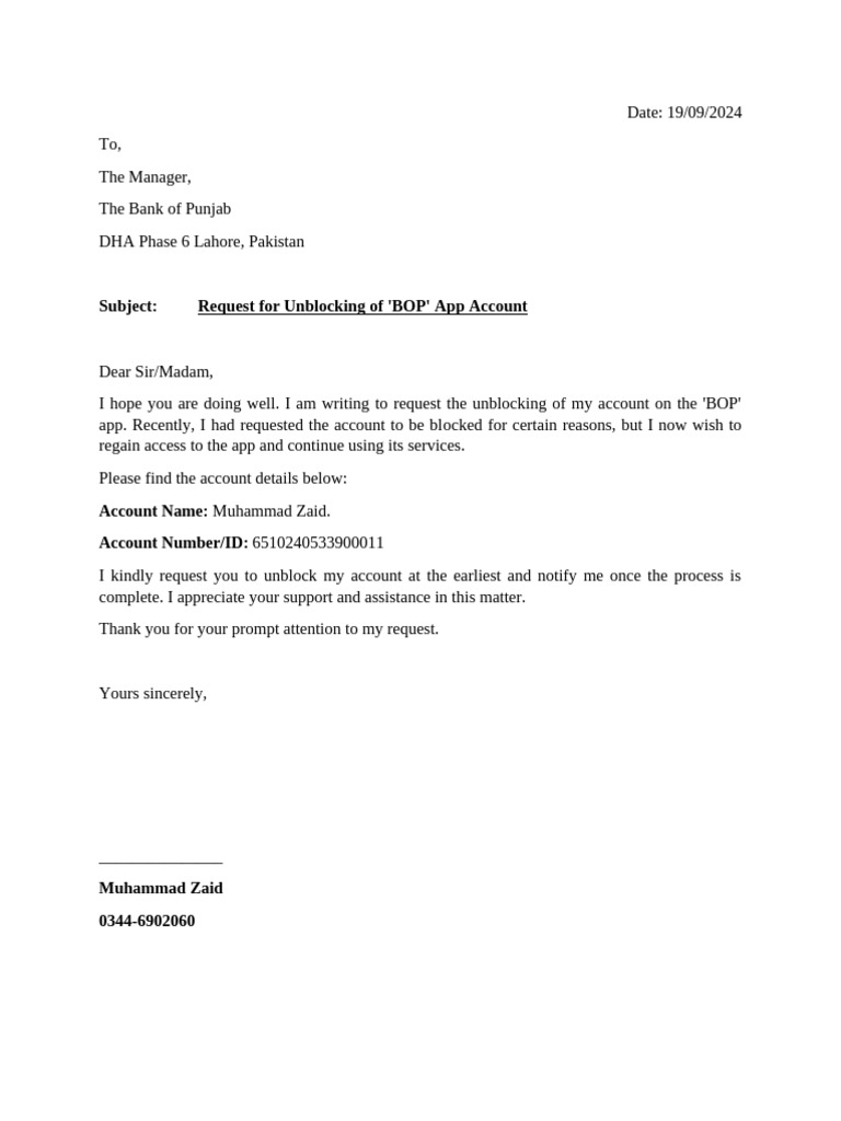 Request for Unblocking of 'BOP' App Account | PDF
