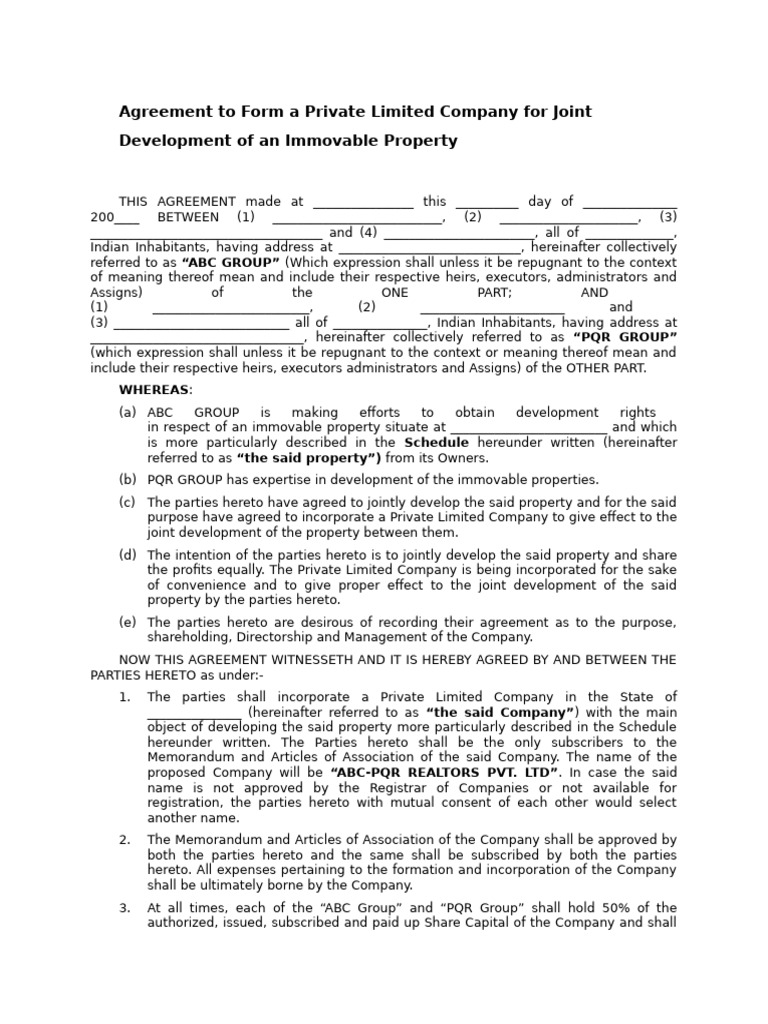 Agreement To Form A Private Limited Company For Joint Development of An ...