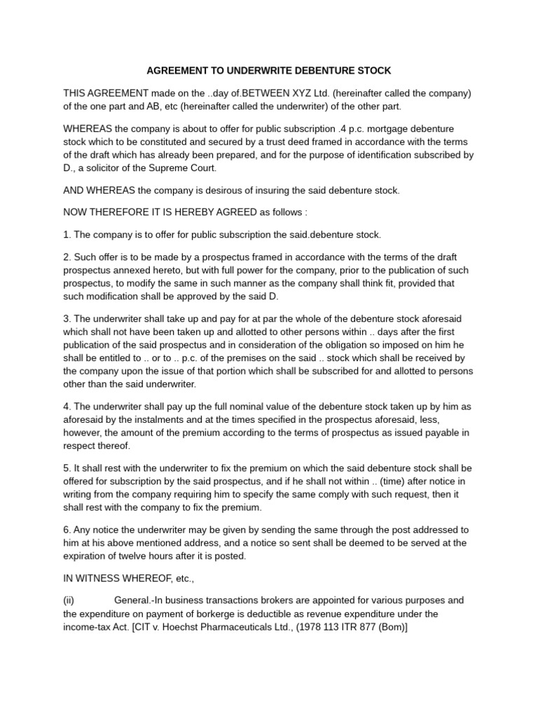 Agreement To Underwrite Debenture Stock | PDF