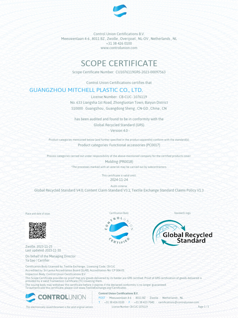 MITCHELL GRS - Scope - Certificate | PDF