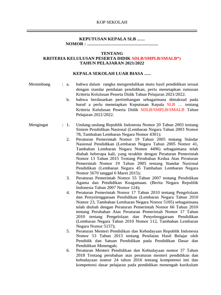 Kriteria Kelulusan SLB | PDF