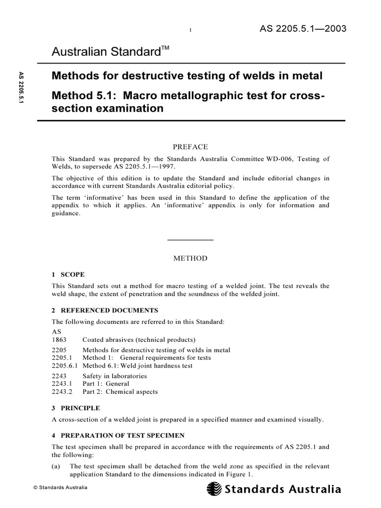 AS 2205 5 1 2003 Methods For Destructive Testing of Welds in Metal | PDF