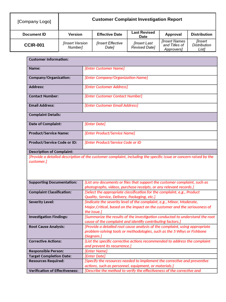 CCIR-001 Customer Complaint Investigation Report | PDF