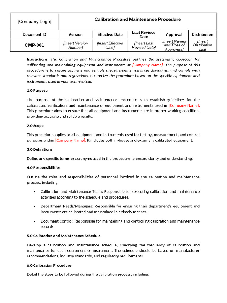 CMP-001 Calibration and Maintenance Procedure | PDF