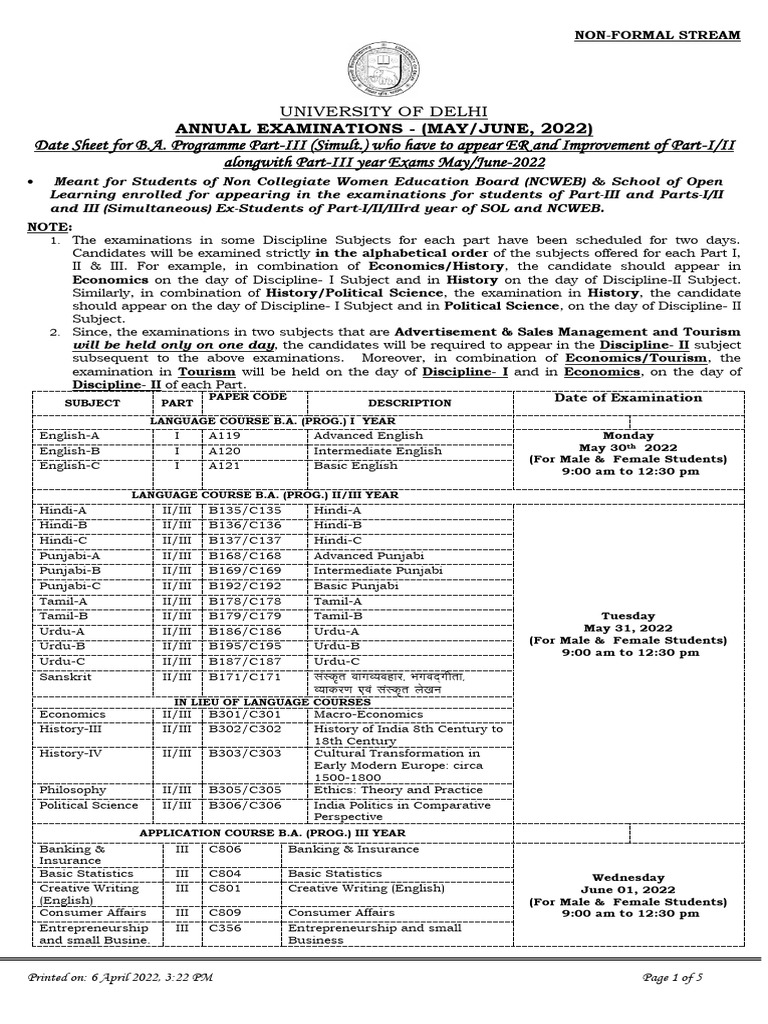 Final Datesheet ForB.a.prog. SOL and NCWEB | PDF