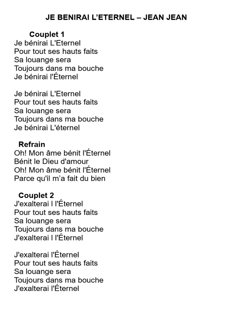 Je Benirai L'eternel - Jean Jean | PDF