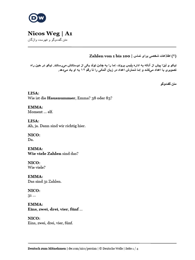 Nicos-Weg-A1-E2-L1-Manuskript-und-Wortschatz-FARSI | PDF