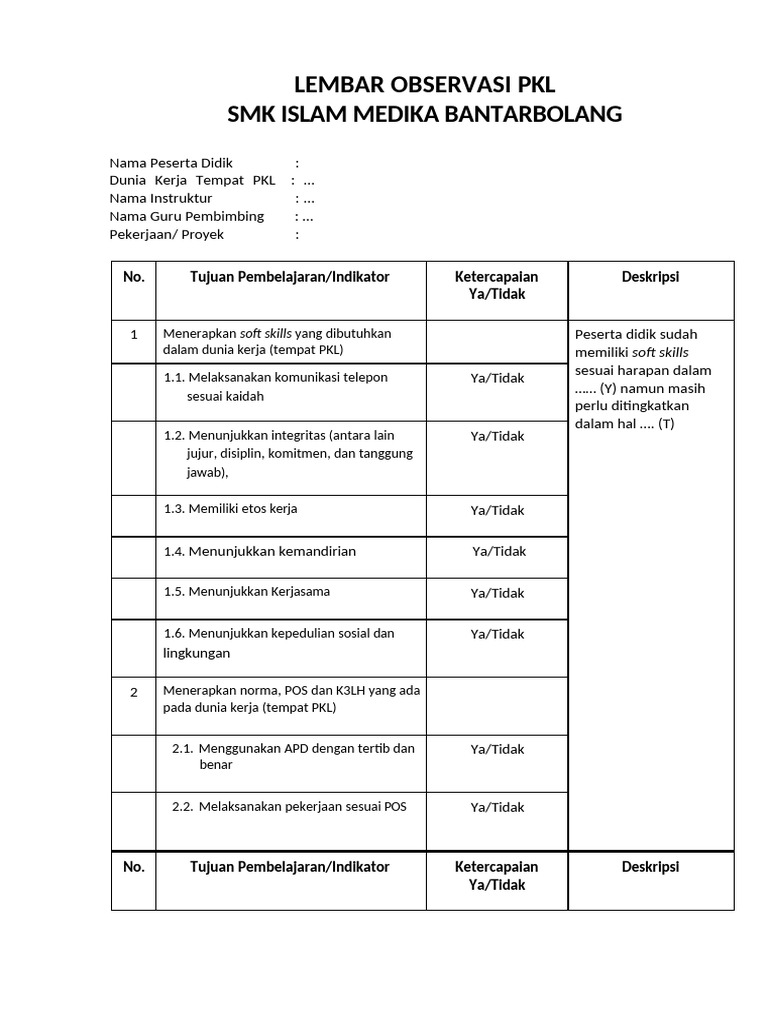 Lembar Observasi PKL | PDF