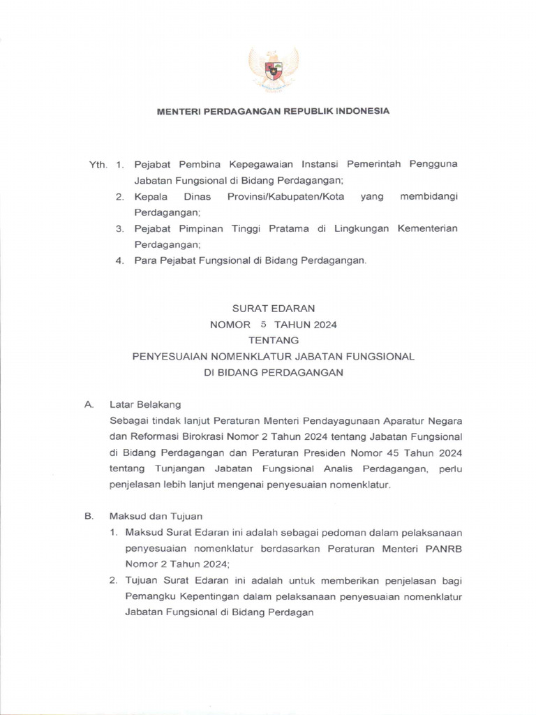 Edaran Mendag 2024 5 - Penyesuaian Nomenklatur JF Perdagangan | PDF