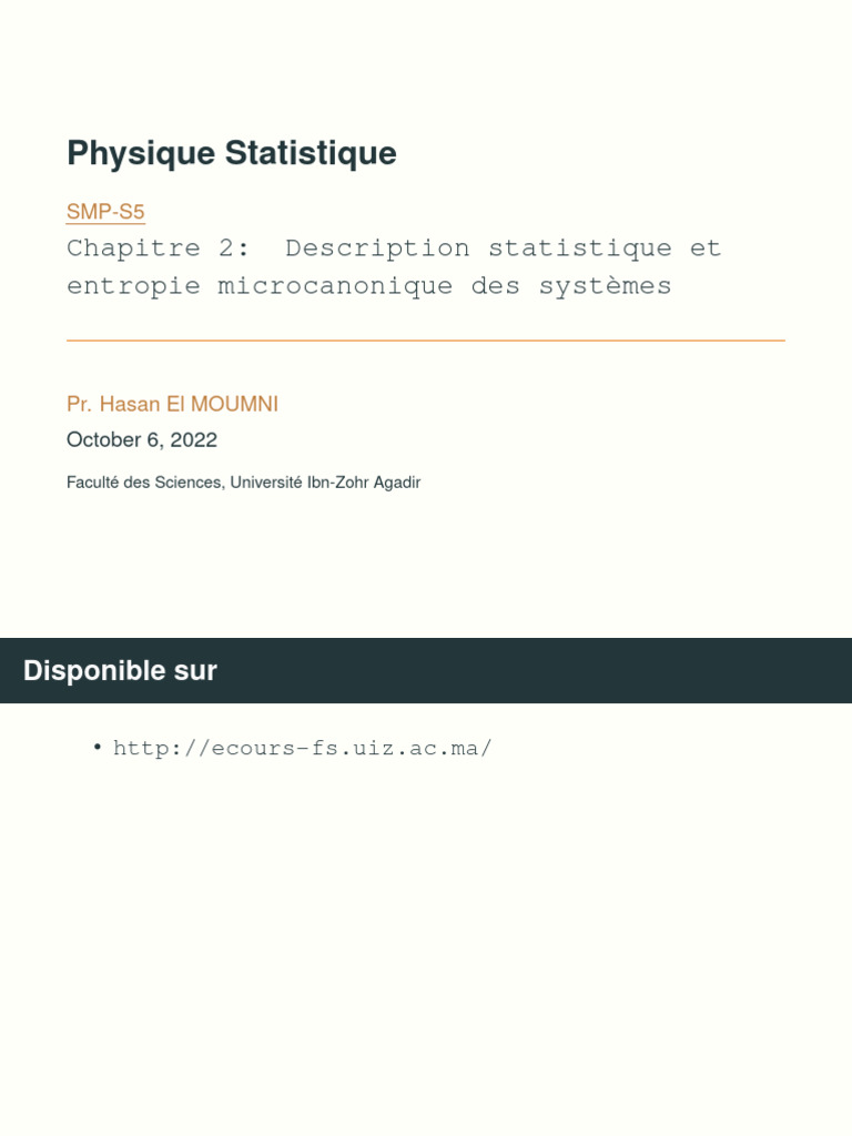 Physique Statistique: Chapitre 2: Description Statistique Et Entropie Microcanonique Des Syst ...