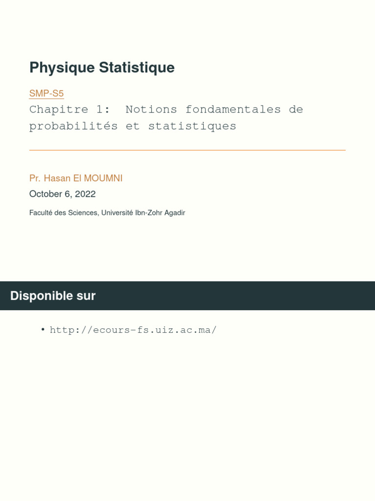 Physique Statistique: Chapitre 1: Notions Fondamentales de Probabilit Es Et Statistiques | PDF